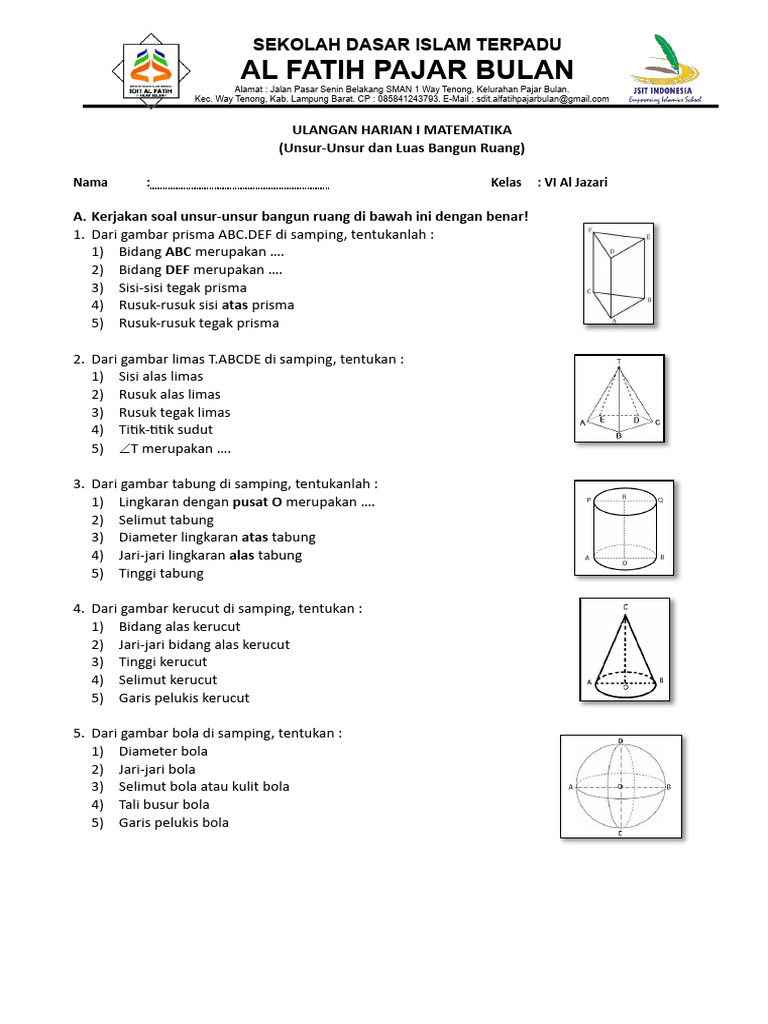 UH 1 MTK - Unsur-Unsur Dan Luas Bangun Ruang | PDF