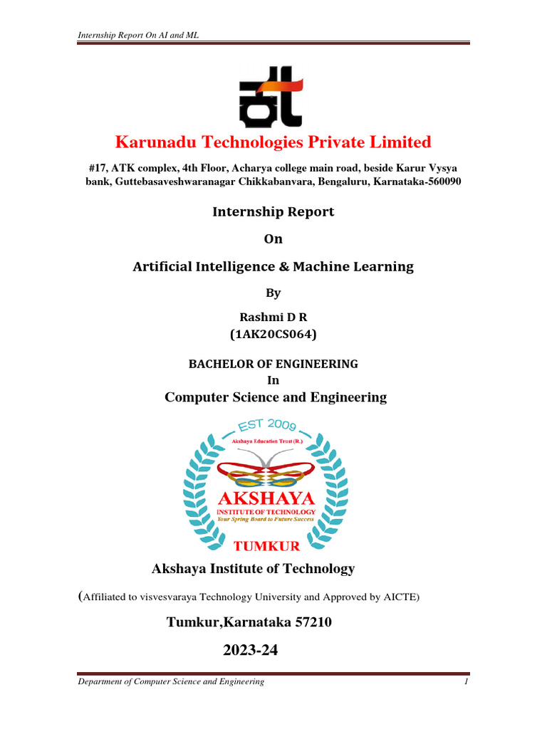Karunadu Technologies Private Limited: Internship Report On Artificial Intelligence & Machine ...