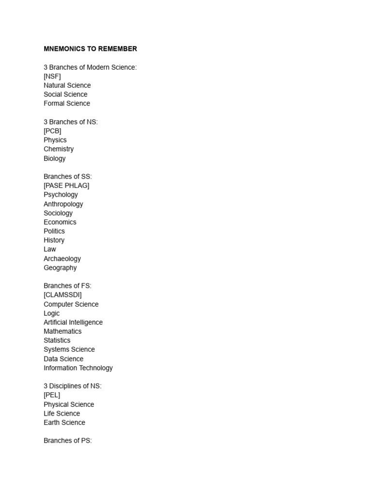 Mnemonics for Science Branches | PDF | Science & Mathematics