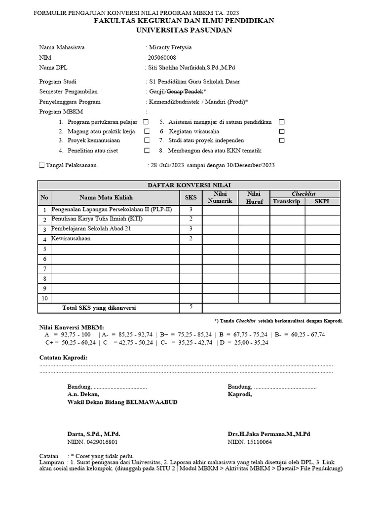 Konversi Nilai MBKM 2023 UNPAS | PDF