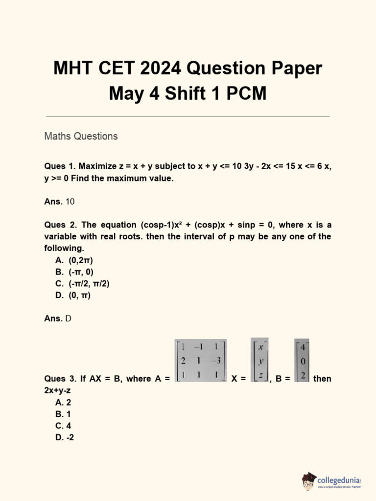 MHT CET 2024 May 4 Shift 1 Question Paper PCM | PDF | Teaching Methods & Materials | Science ...