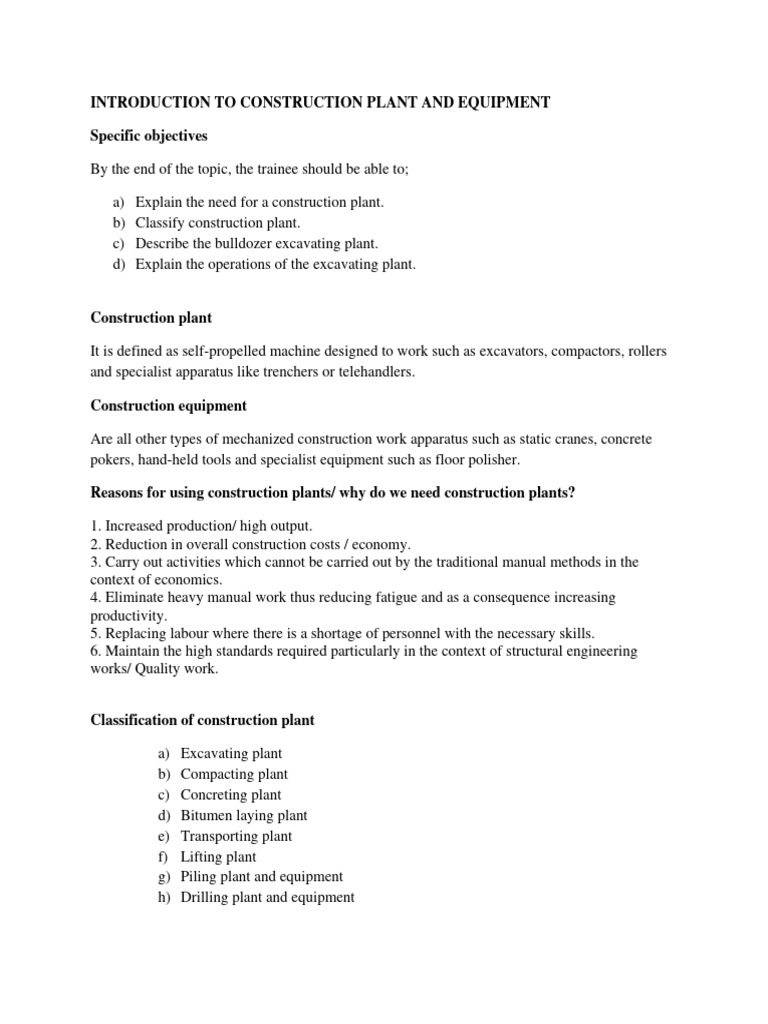 INTRODUCTION TO CONSTRUCTION PLANT AND EQUIPMENT | PDF | Construction ...