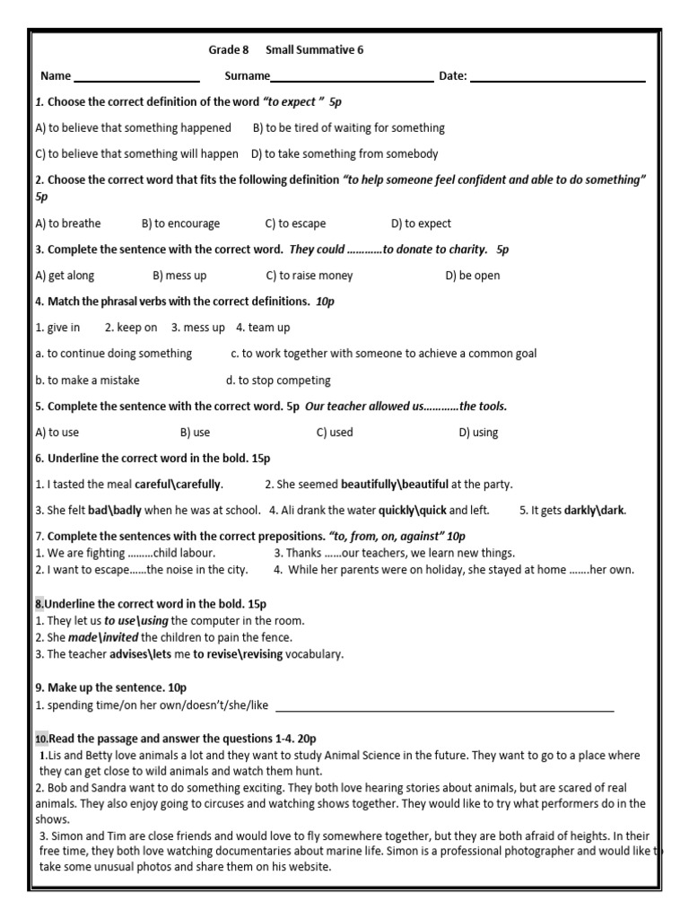 Grade 8 English Language Quiz | PDF