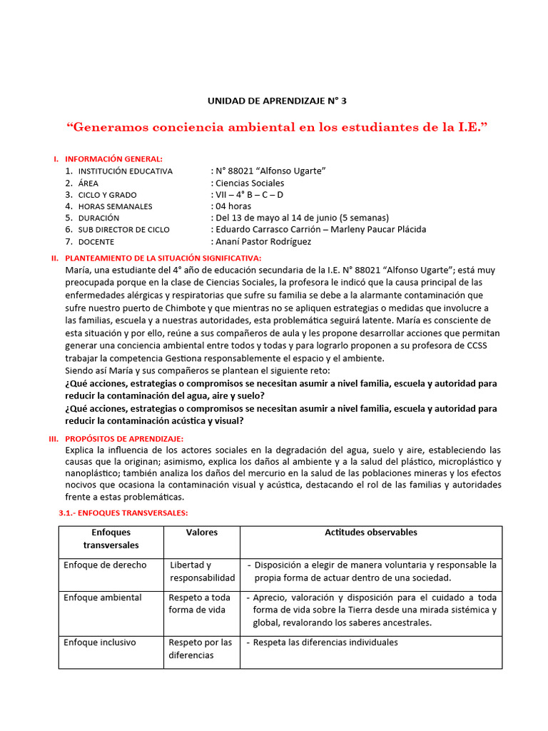 4° - Unidad de Aprendizaje 3 | PDF | Aprendizaje | Contaminación