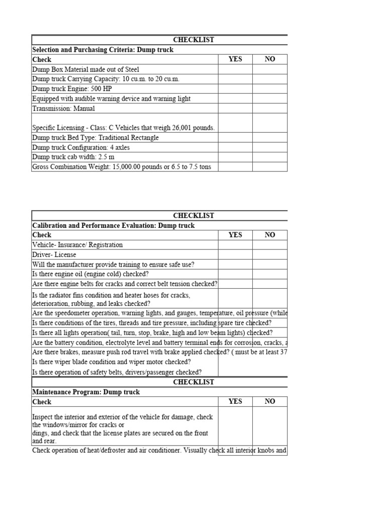 Construction Equipment Checklist | Download Free PDF | Truck | Vehicles