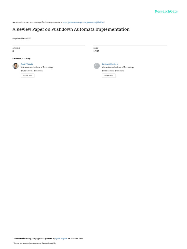 Review Paper On Push Down Automata Implementation | PDF | Theory Of Computation | Models Of ...