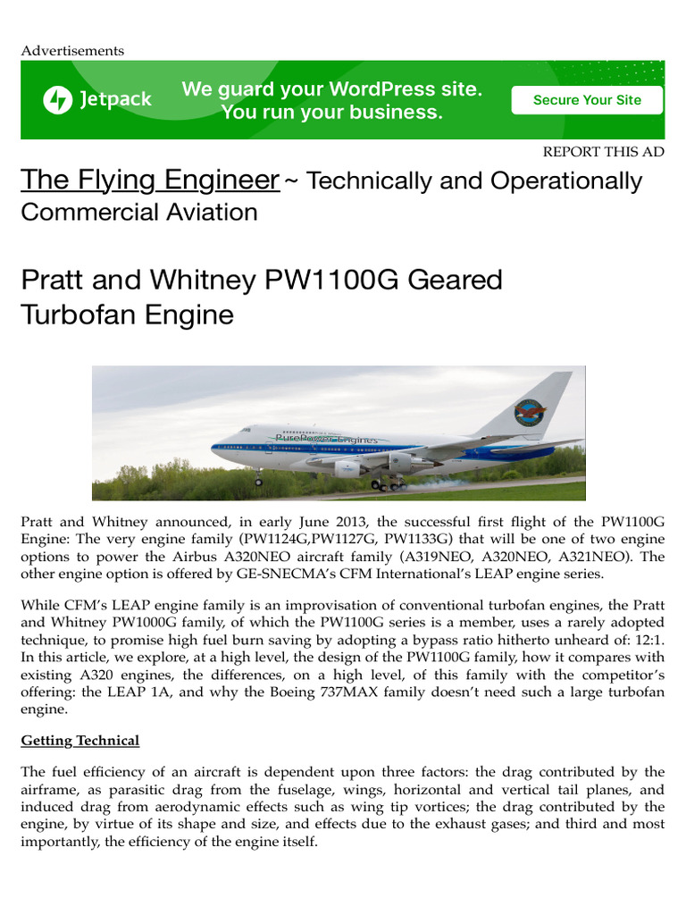 Pratt and Whitney PW1100G Geared Turbofan Engine | PDF | Jet Engine | Aviation