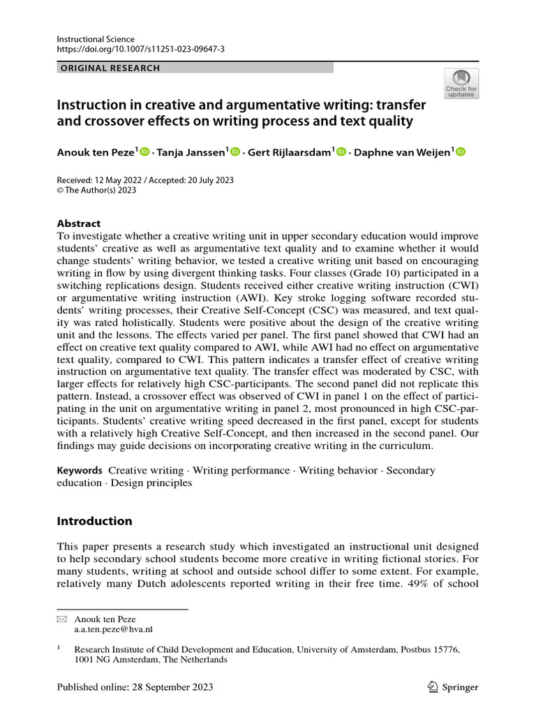Instruction in Creative and Argumentative Writing: Transfer and Crossover Effects On Writing ...