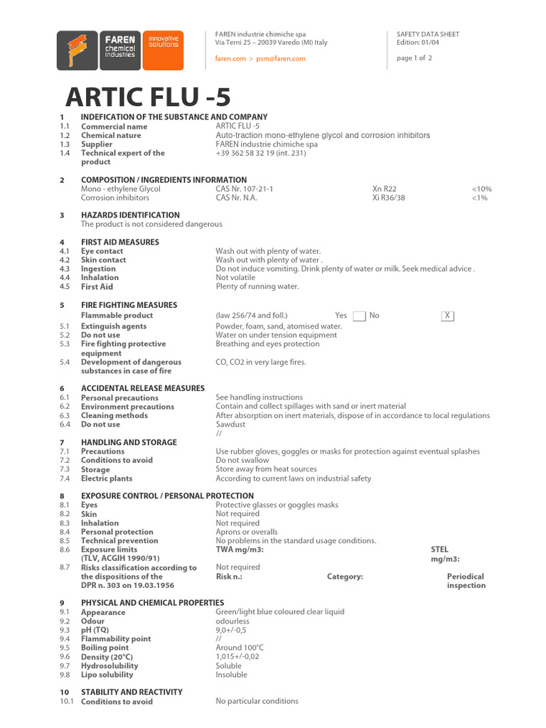 Artic Flu-5 Safety Data Sheet | PDF | Chemistry | Materials