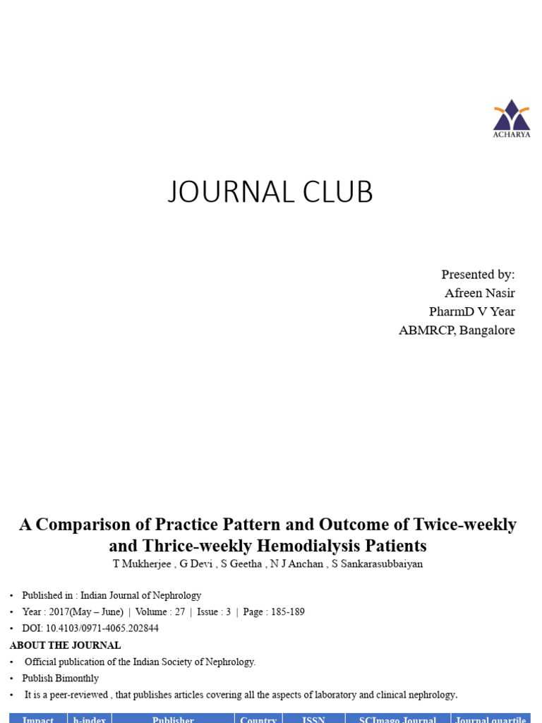 Journal Club On Practice Pattern of Hemodialysis | PDF | Chronic Kidney ...
