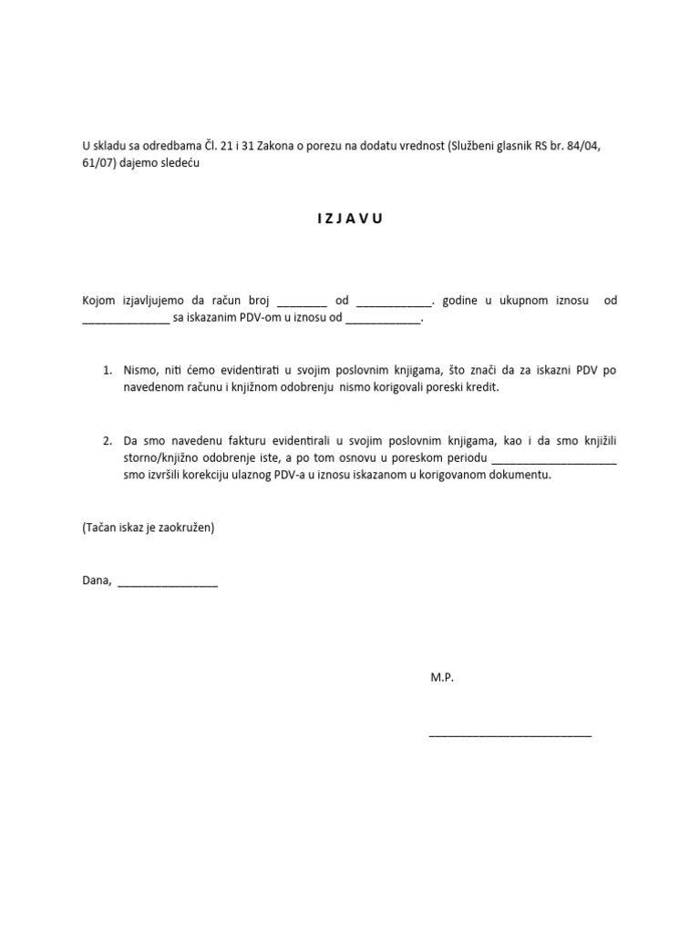 Izjava Storno Račun | PDF