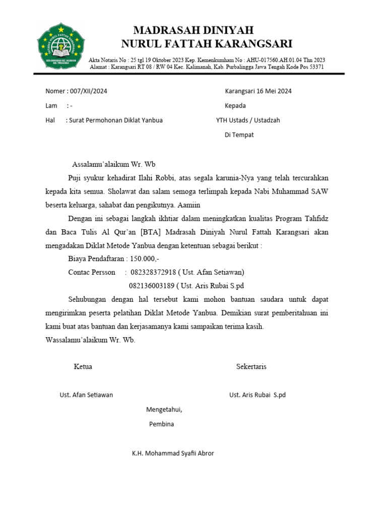 Permohonan Diklat Metode Yanbua | PDF | Agama & Spiritualitas