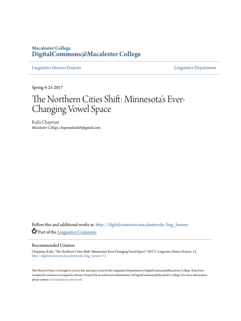 The Northern Cities Shift Minnesota's Ever-Changing Vowel Space (Kalia Chapman 2017) | PDF ...