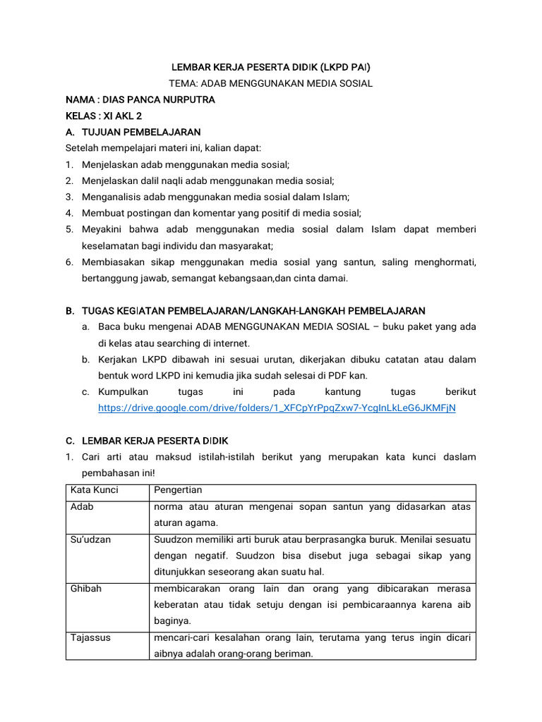 Lembar Kerja Peserta Didik Pai | PDF