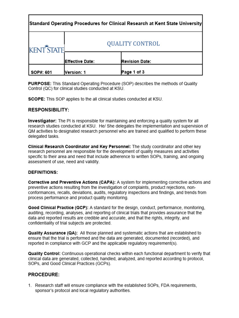 SOP 601 QualityControl | PDF | Clinical Trial | Quality Assurance