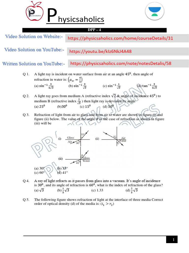 Snell's Law DPP-4 Solutions | PDF | Refraction | Refractive Index