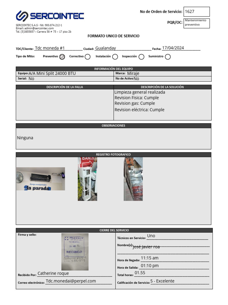 Formato Servicio Mantenimiento SERCOINTEC | PDF