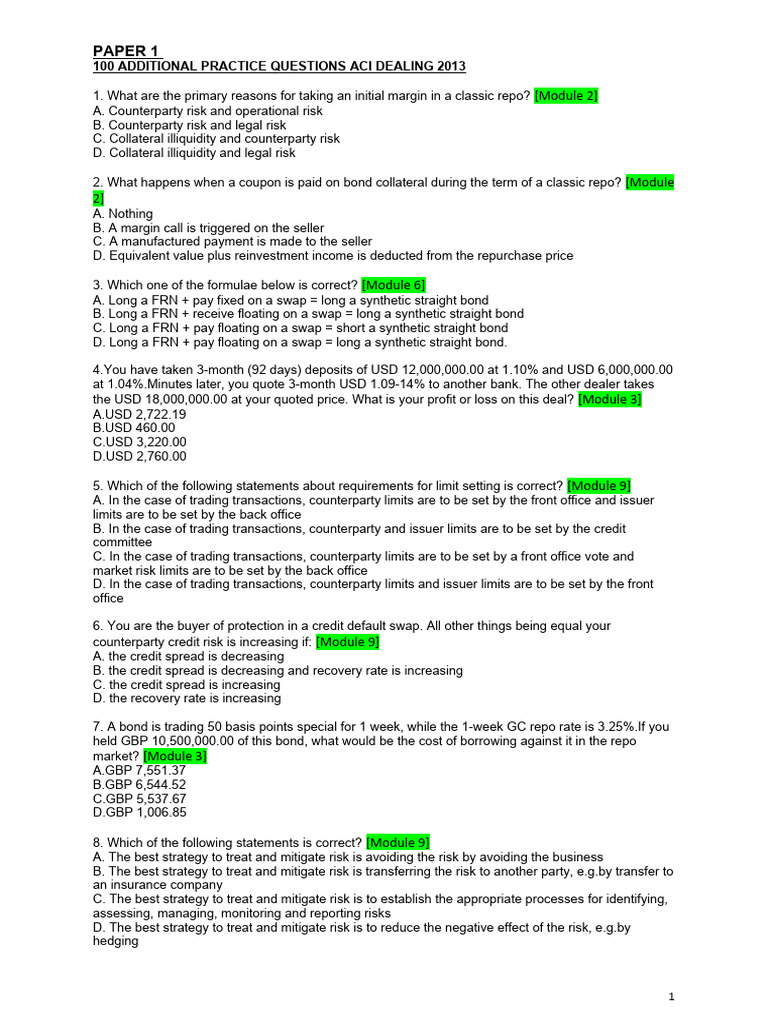 ACI Dealing Practice Exam 5 To Do | PDF | Option (Finance) | Repurchase ...