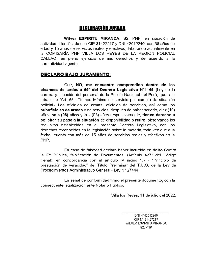 Modelos de Declaracion Jurada para Anexar A La Solicitud de Pase A Retiro | PDF | Documento de ...
