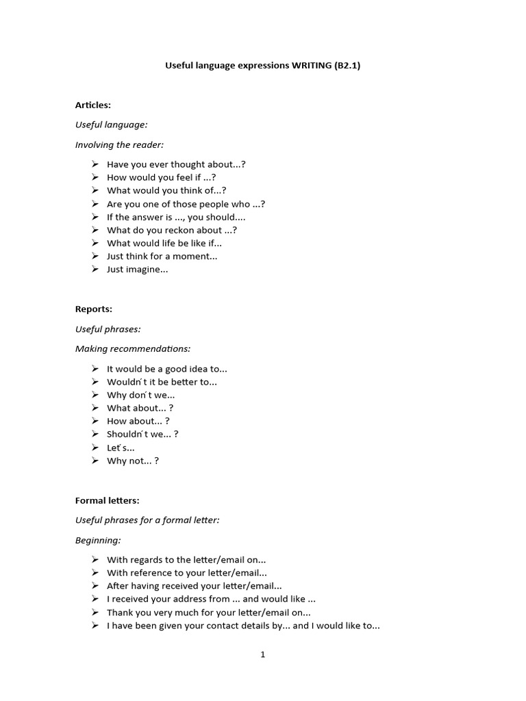 Useful Language Expressions WRITING (B2.1) | PDF | Language Arts ...