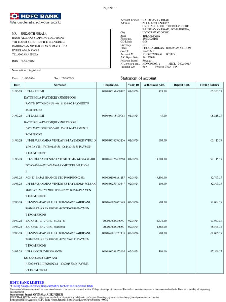 Statement of Account: Date Narration Chq./Ref - No. Value DT Withdrawal Amt. Deposit Amt ...