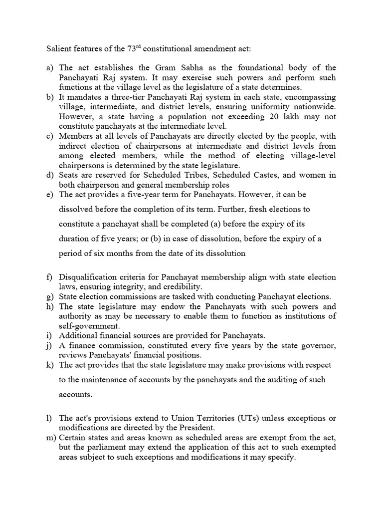 Salient Features 73rd Amendment Act | PDF | Government Of India ...