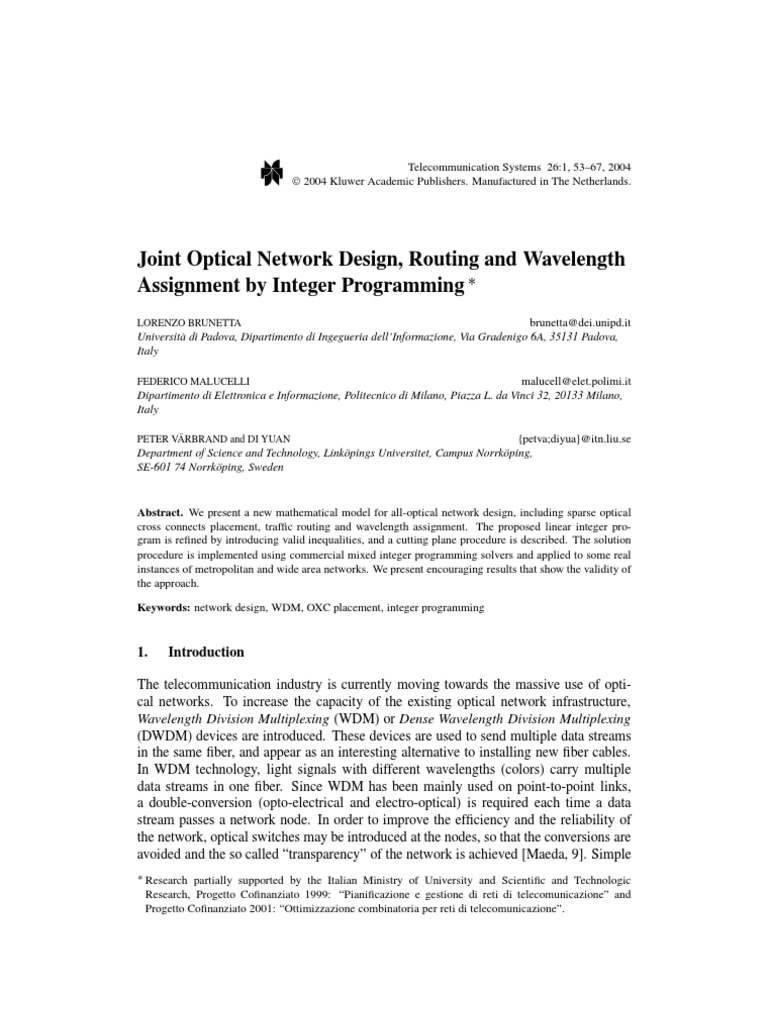 Joint Optical Network Design Routing And Wavelength Assignment By Integer Programming Pdf