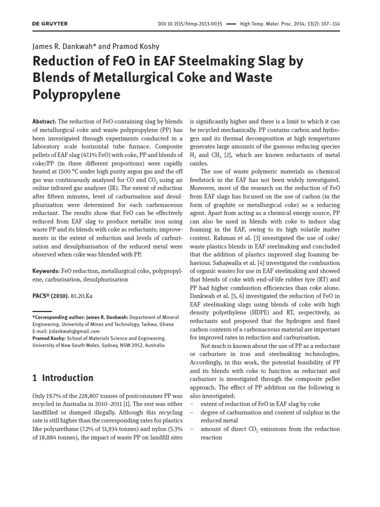 Reduction of FeO in EAF Steelmaking Slag by Blends | PDF | Steelmaking ...