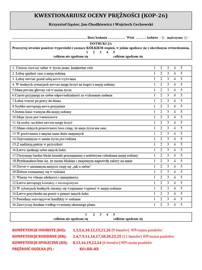 KOP 26 Kwestionariusz I Klucz PL PDF | PDF