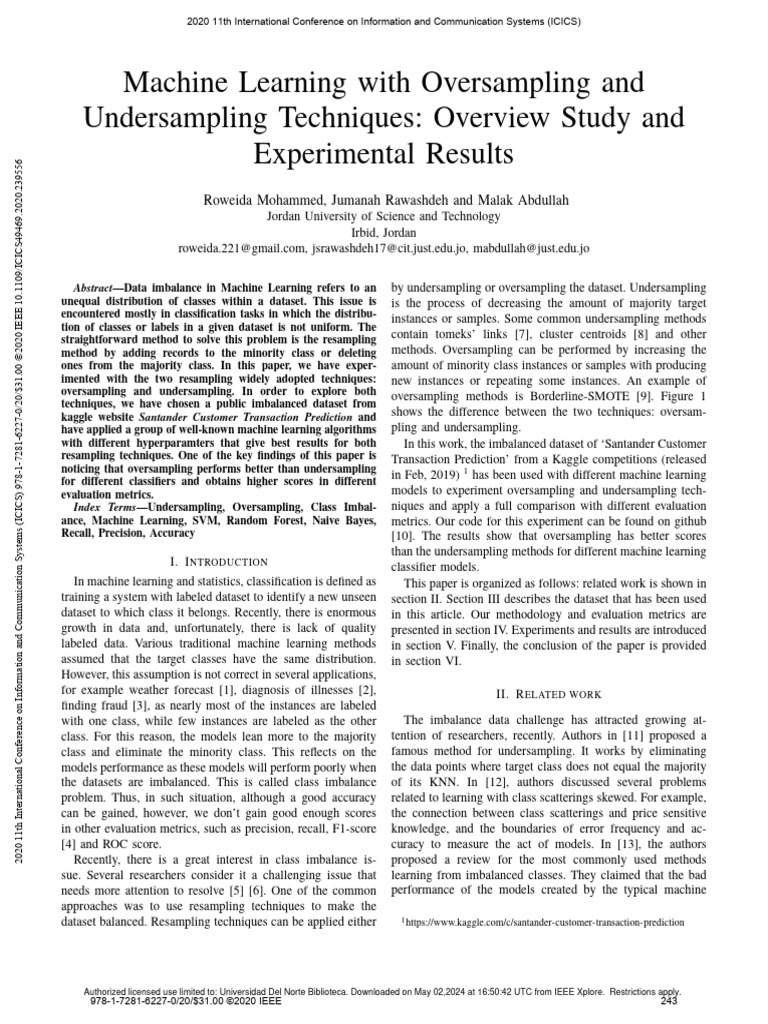 Machine Learning: Oversampling vs Undersampling | PDF | Support Vector Machine | Statistical ...