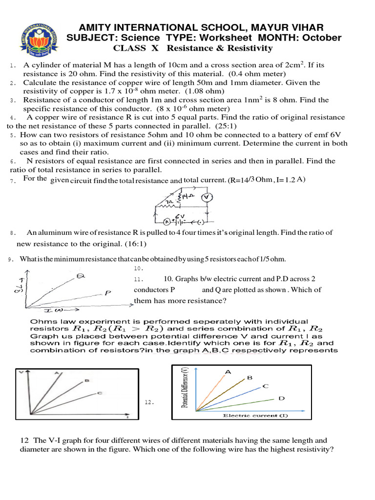 Class X Science: Resistance Worksheet | PDF | Teaching Methods ...