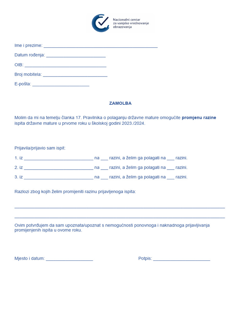 Pristupnici Obrazac Promjena Razine 2024 | PDF