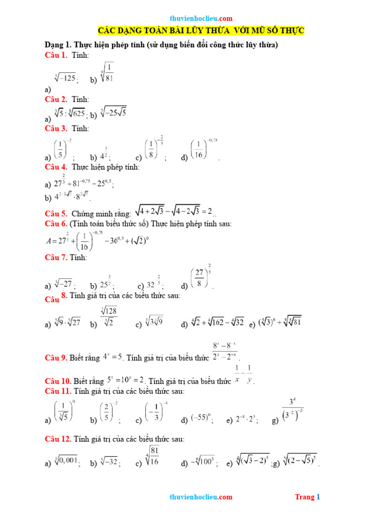 Cac Dang Toan Bai Luy Thua Voi Mu So Thuc Hay | PDF