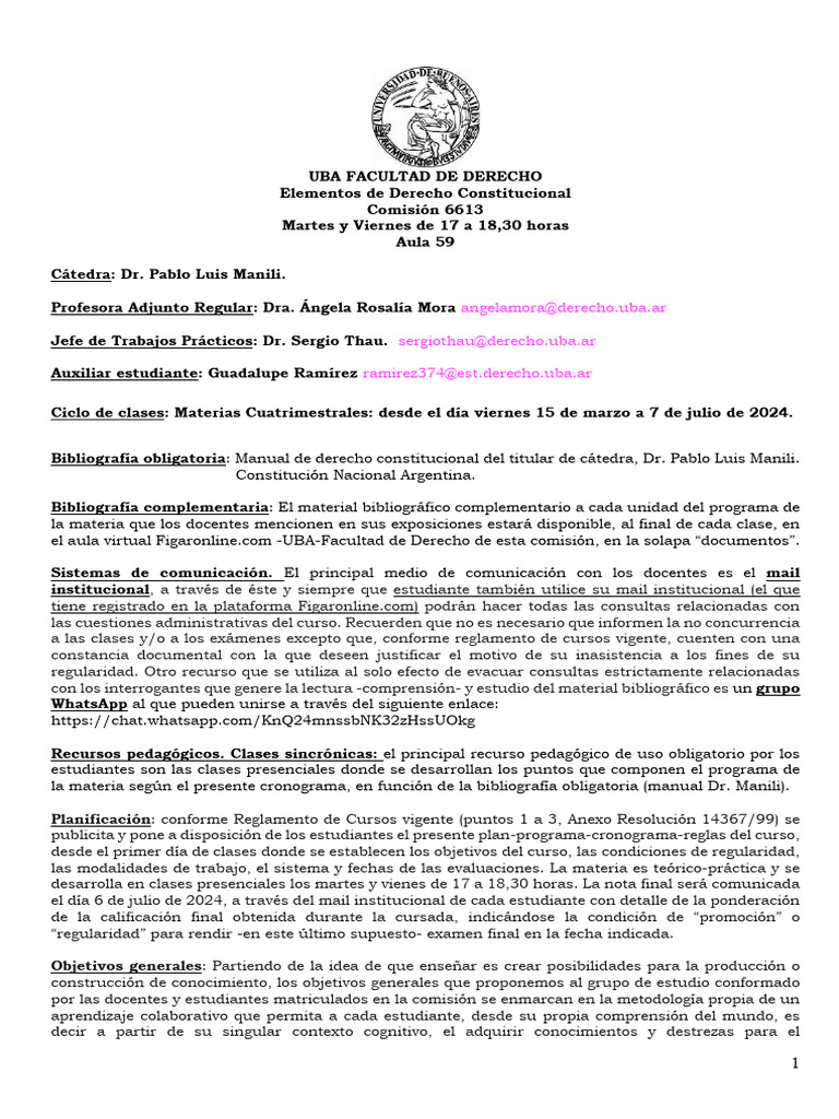 Derecho Constitucional UBA: Curso 2024 | PDF | Evaluación | Gobernancia