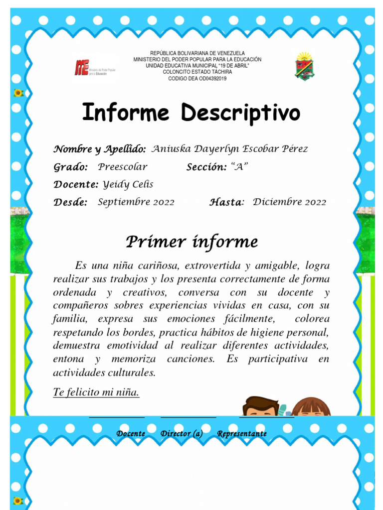 Informe Descriptivo de Preescolar YEIDY | PDF | Educación de la primera ...