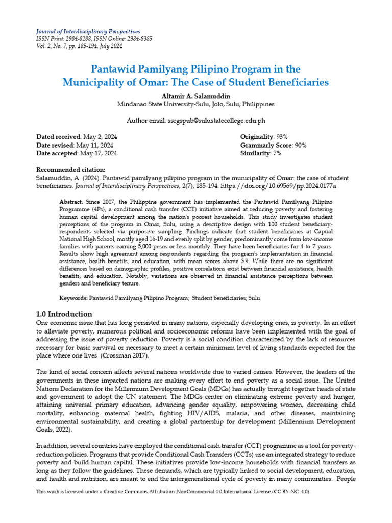 Pantawid Pamilyang Pilipino Program in The Muncipality of Omar The Case ...