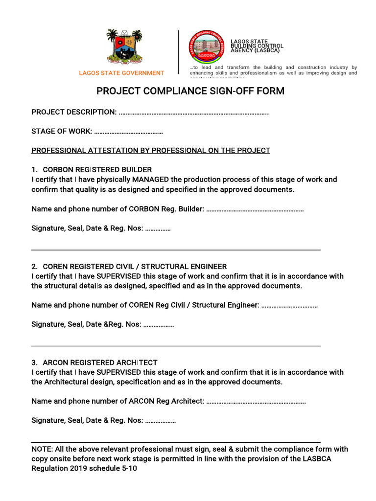 LASBCA Project Compliance Sign-Off Form | PDF | Engineering