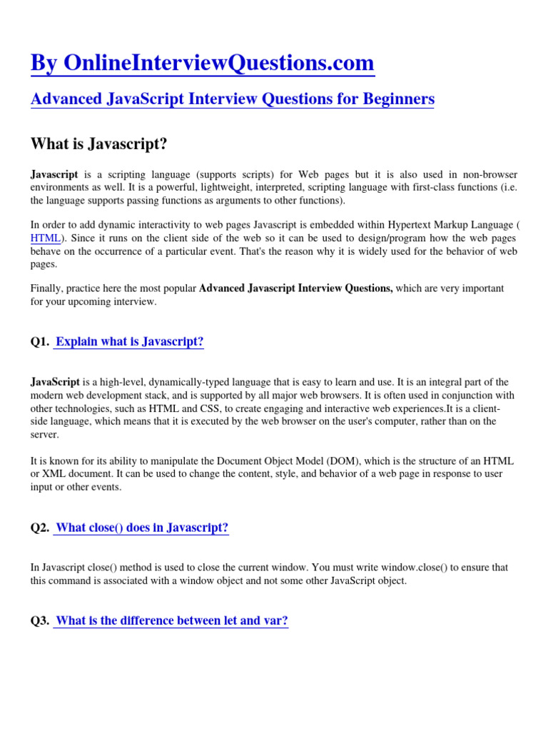 Advanced Javascript Interview Questions | PDF | World Wide Web ... Advanced Javascript Interview Questions | PDF | World Wide Web ...