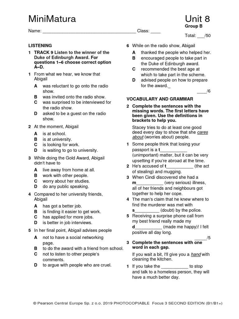 Focus3 2E MiniMatura Unit8 GroupB 2kol | PDF
