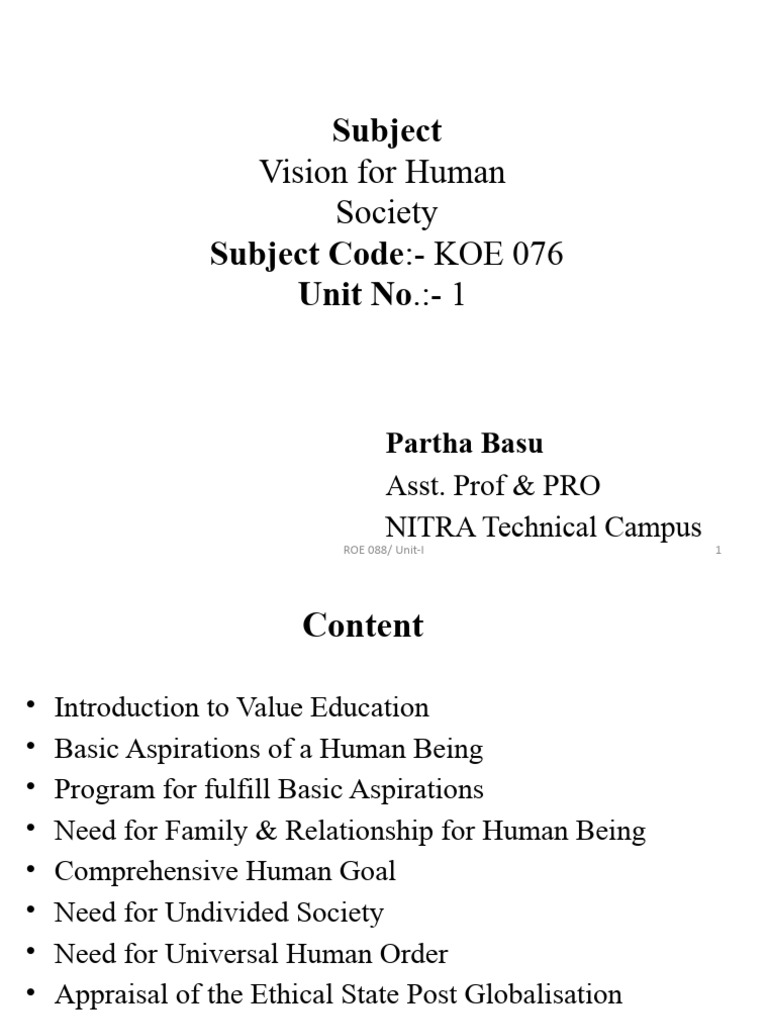 Unit 1 - Vision For Human Society | PDF | Human Behavior | Family