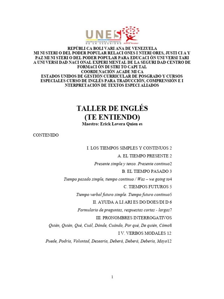 Traduccion Ingles de 2024 Workshop I (Intensive) | PDF | Verbo | Asunto ...