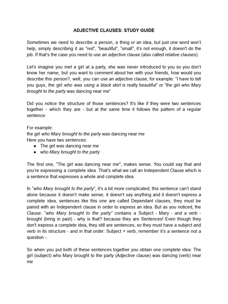 Adjective Clauses Study Guide and Grammar Practice | PDF | Subject ...