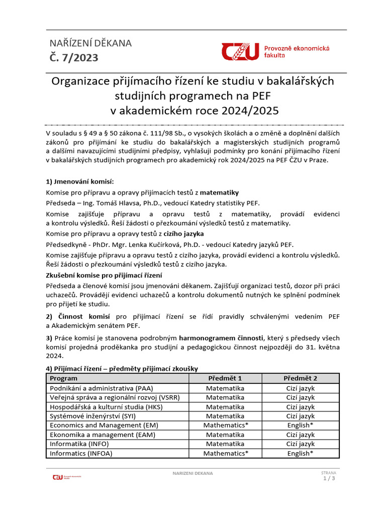 Narizeni Dekana 7 23 BC Prij ZK | PDF