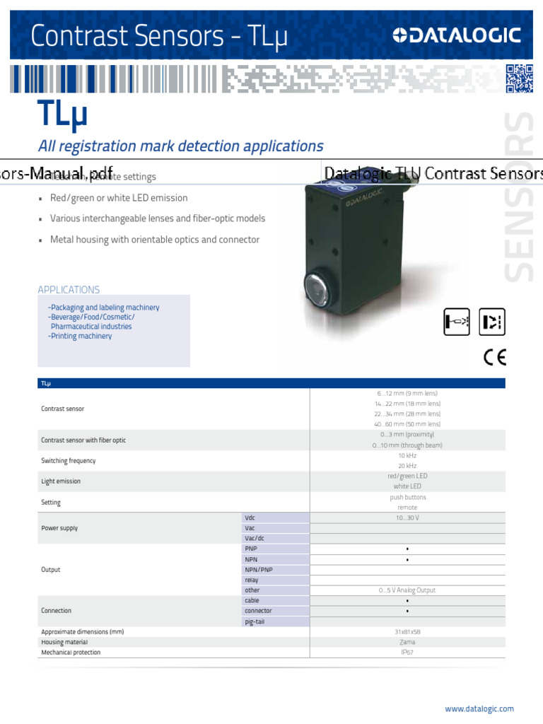 Datalogic TLU Contrast Sensors Brochure | PDF | Light Emitting Diode | Optical Fiber