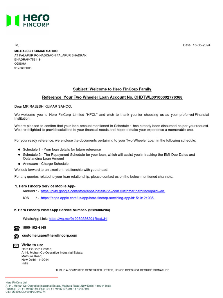 Welcome Letter for Two Wheeler Loan | PDF | Personal Finance ...