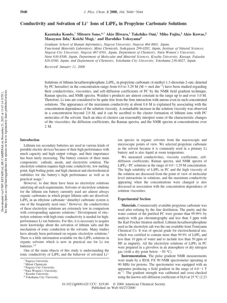 Kondo Et Al 2000 Conductivity and Solvation of Li Ions of Lipf6 in Propylene Carbonate Solutions ...