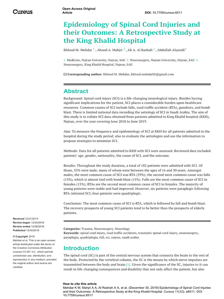 MEHDAR e COLS, 2019 - Epidemiology of Spinal Cord Injuries and Their Outcomes - A Retrosp | PDF ...