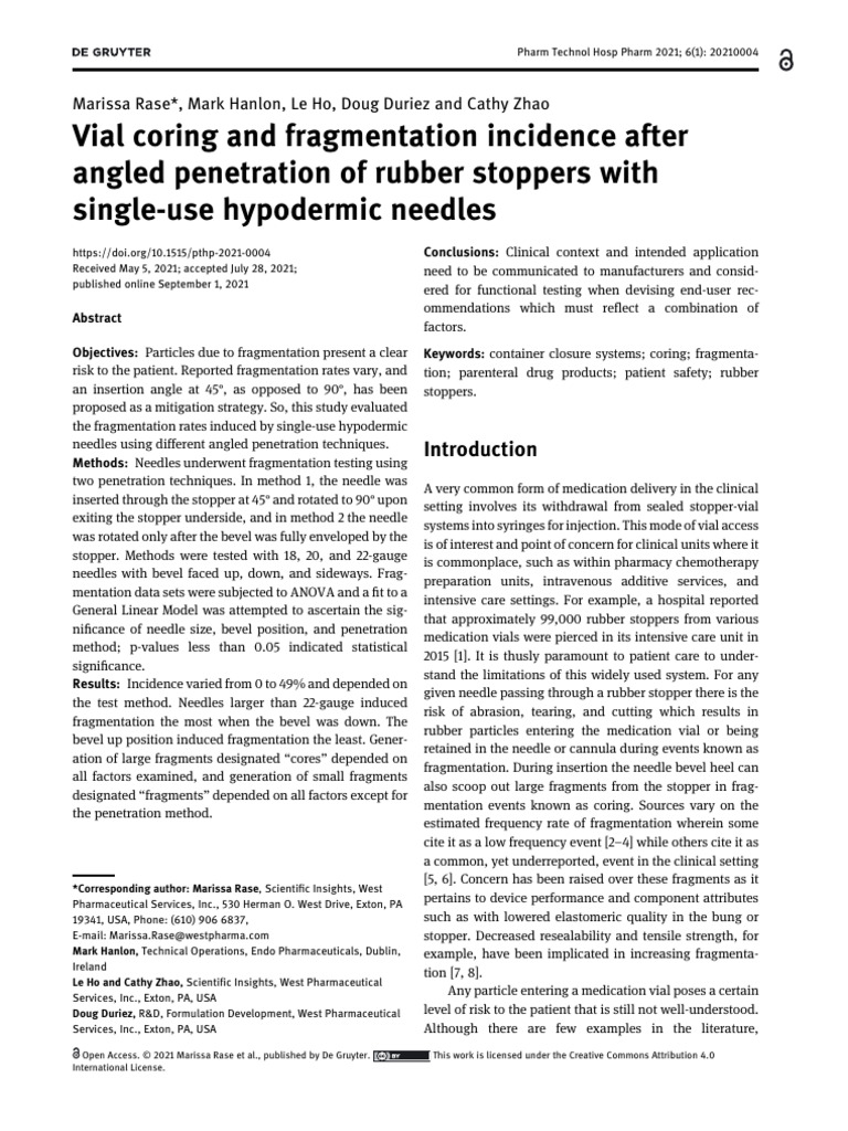 Vial Coring Incidence After Angled Penetration | PDF | Syringe