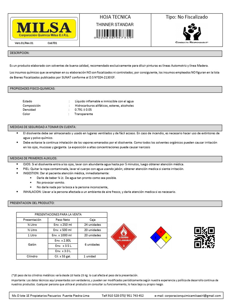 Ficha Técnica del Thinner Acrílico ML1 | PDF | Agua | Solvente