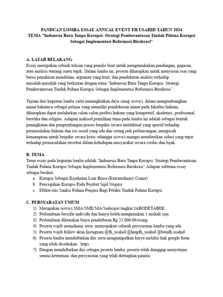 Panduan Lomba Essay FH Usahid 2024 | PDF | Karier & Perkembangan